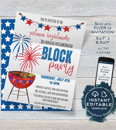 Editable Block Party Flyer 4th Of July Neighborhood Street Etsy