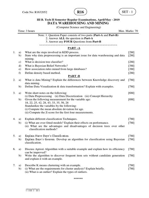 Data Warehousing And Mining Exam 2019 Pdf Statistical Classification