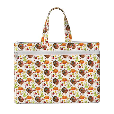 Cauagu Thanksgiving Turkey Pattern Canvas Tote File Bag Zipper Tote Bag Business Briefcase
