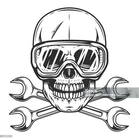 차체 공장 서비스 자동차와 트럭 정비사 수리 도구가 가스 및 건축업자 배관 파이프 스패너 그림에 대 한 렌치 또는 건설을 교차 안경에 빈티지 두개골 0명에 대한 스톡 벡터