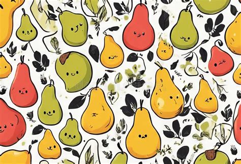Seamless Print Anthropomorphic Pattern White Fruit Pears Cute Cartoon