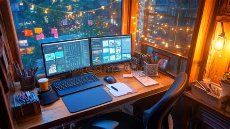 Modern Workspace With Two Monitors And Cozy Decor During Evening Hours Stock Illustration