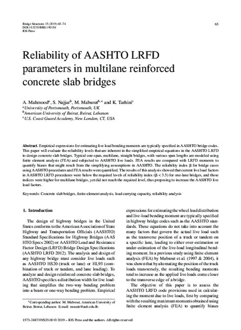 Pdf Reliability Of Aashto Lrfd Parameters In Multilane Reinforced Concrete Slab Bridges