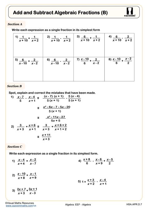Add And Subtract Algebraic Fractions B Worksheet Fun And Engaging Algebra Ii And Integrated