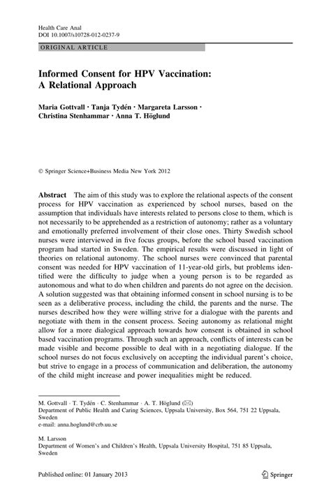 Pdf Informed Consent For Hpv Vaccination A Relational Approach