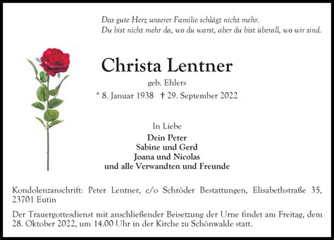 Traueranzeigen Von Christa Lentner Trauer Anzeigende