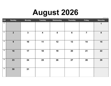 August 2026 Calendar Free Printable Pdf And Excel
