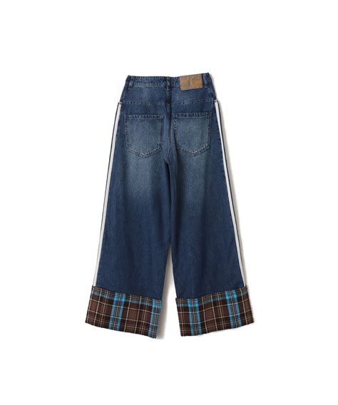 Adidas Vintage Wide Leg Jeans With Checked Seam インディゴデニムマルチカラー（アディダス