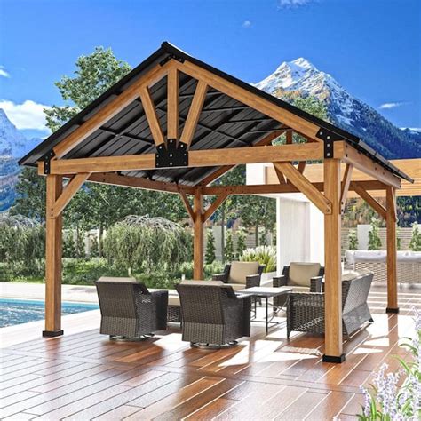 Coos Bay 13 Ft X 15 Ft Cedar Wood Hardtop Outdoor Patio Gazebo With