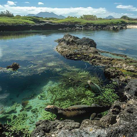 Algae Colonies Providing Food For Grazing Marine Iguanas On A Remote