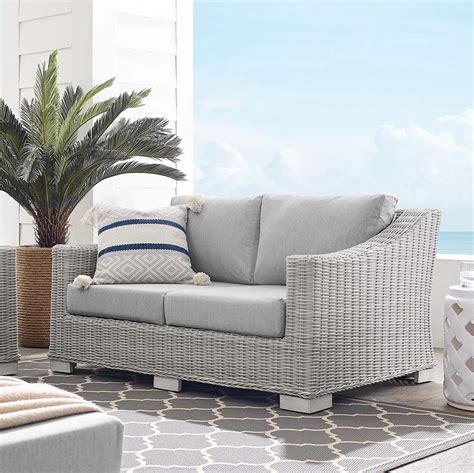 Conway Outdoor Patio Wicker Rattan Loveseat In Light Gray Hyme Furniture