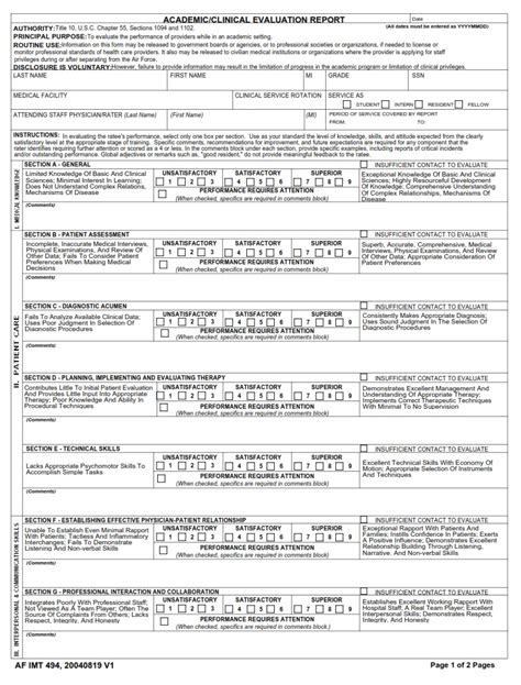 Af Form 494 Academic Clinical Evaluation Report Af Forms
