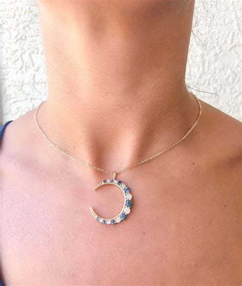 Nigerian And Australian Sapphire 14k Gold Crescent Moon Pendant R4034