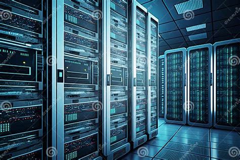 Shot Of Data Center With Multiple Rows Of Fully Operational Server Racks Generative Ai Stock