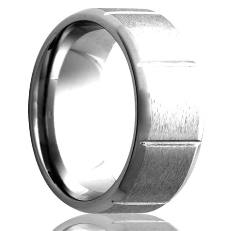 Satin Finish Vertical Grooved Cobalt Wedding Band With Beveled Edges