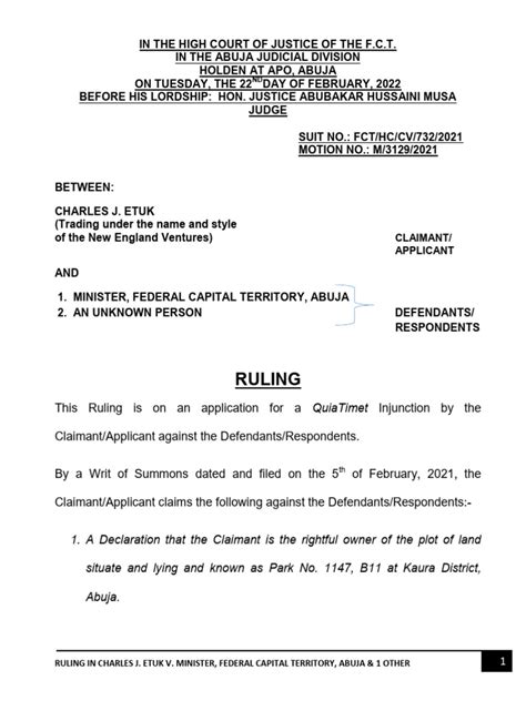 Charles J Etuk Vs Min Fct 1 Or Injunction Pdf Lawsuit Injunction