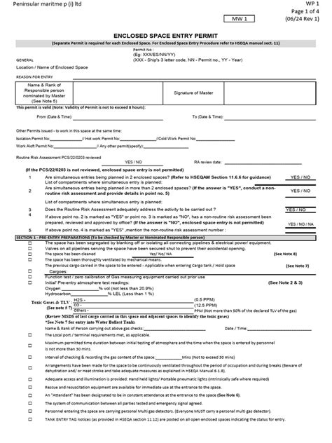 Enclosed Space Entry Permit Checklist Pdf