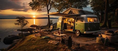 Camping In Nature With A Beautiful View Of The Lake In The Evening Sky