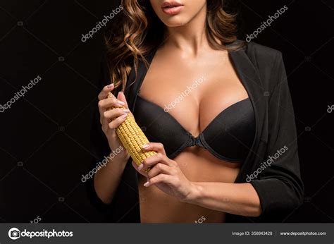 Cropped View Seductive Girl Big Breasts Holding Corn Ear Isolated