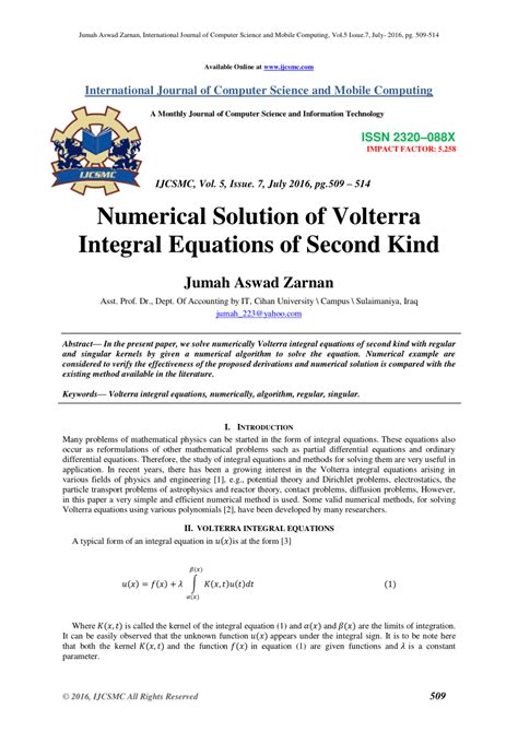 pdf numerical solution of volterra integral equations of second kind