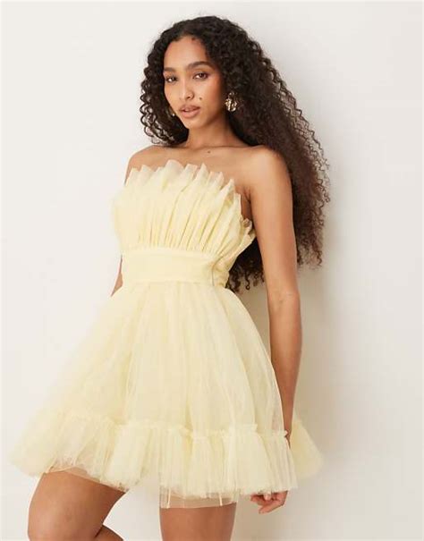Lace And Beads Bandeau Structured Tulle Mini Dress In Lemon Asos