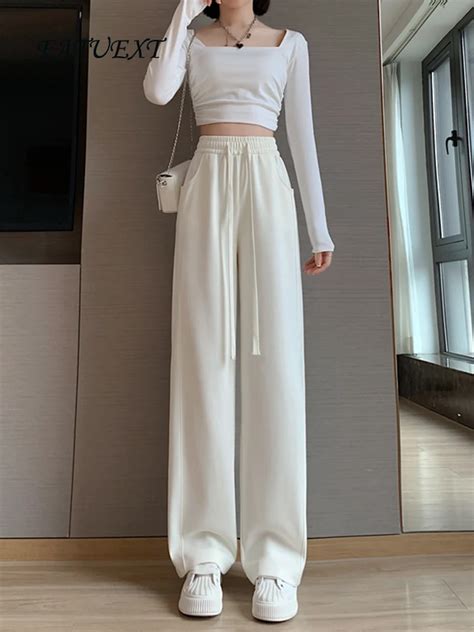 한국 스타일 편안한 블랙 스트레이트 화이트 스웨트팬츠 여성용 하이 웨이스트 와이드 레그 팬츠 여름 패션 캐주얼 바지 Aliexpress