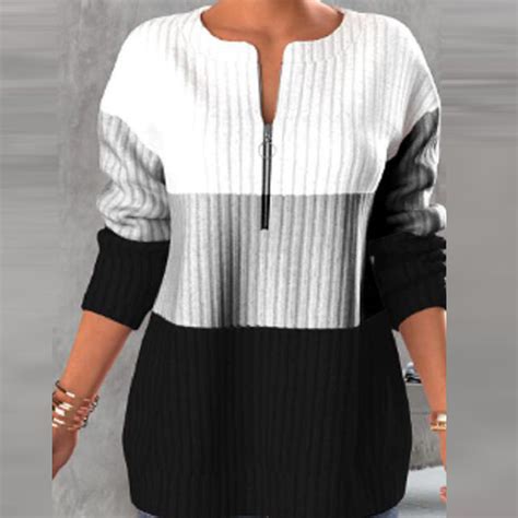 Women Crew Neck Zipper Color Block Patchwork Sweater