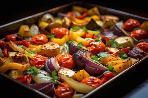 Premium Ai Image A Tray Of Assorted Roasted Vegetables Fresh