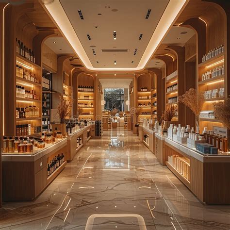 Luxury Retail Interior Design With Wooden Shelving And Products Stock