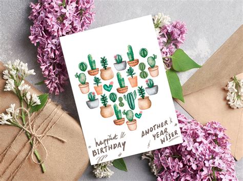 Watercolor Cactus Birthday Card Digital Download Etsy