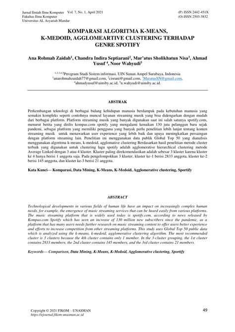 Pdf Komparasi Algoritma K Means K Medoid Agglomeartive Clustering