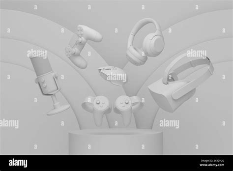 Set Of Video Game Joystick Microphone And Headphones On Monochrome
