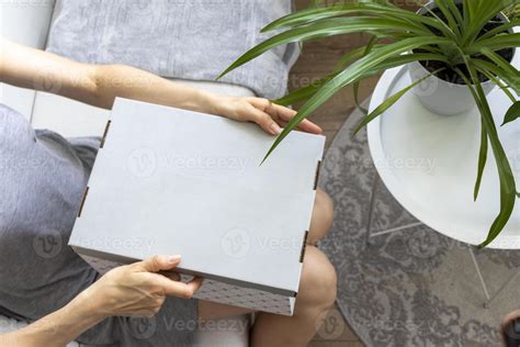 Woman Sitting In The Couch In Cozy Room Assembling Carton Box Interior Elements 69324421 Stock