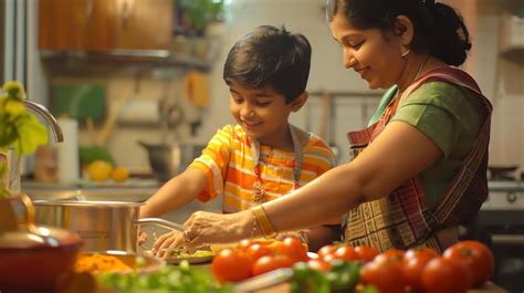 Premium Photo An Indian Mother And Her Son Are Cooking Together In