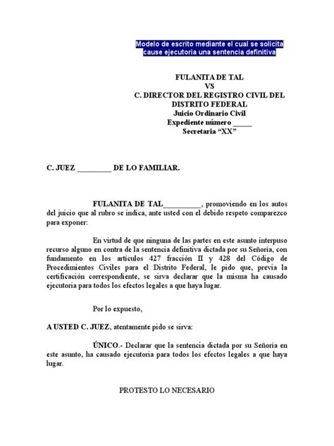 Pdf Modelo De Escrito Mediante El Cual Se Solicita Cause Ejecutoria