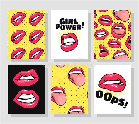 Set Of Cards With Female Lips With Gloss Pink Lipstick Pop Art Style