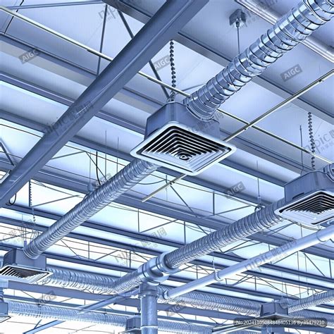 Ai创作图万向排风罩 展馆空调管道 天花顶上的管道 制冷设施风机管道 排气系统棚顶扇排风扇 暖通素材 展厅空调管线 管道通风系统 中央空调风道