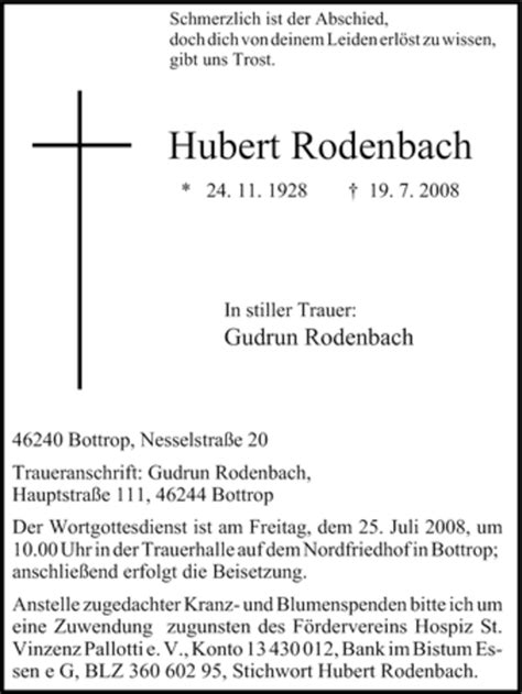 Traueranzeigen Von Hubert Rodenbach Trauer In Nrwde