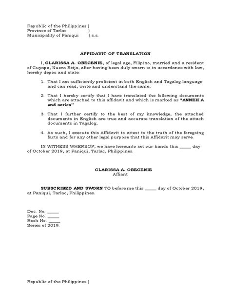 Affidavit Of Translation Sample Pdf Affidavit Document