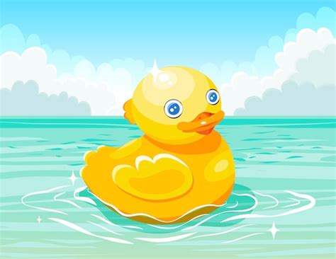 Yellow Duck Floating On The Water Surface Premium Vector