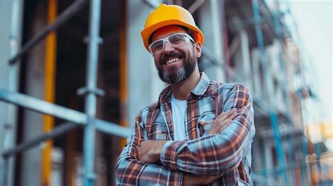 Premium Photo Construction Worker On The Background Of Large Construction
