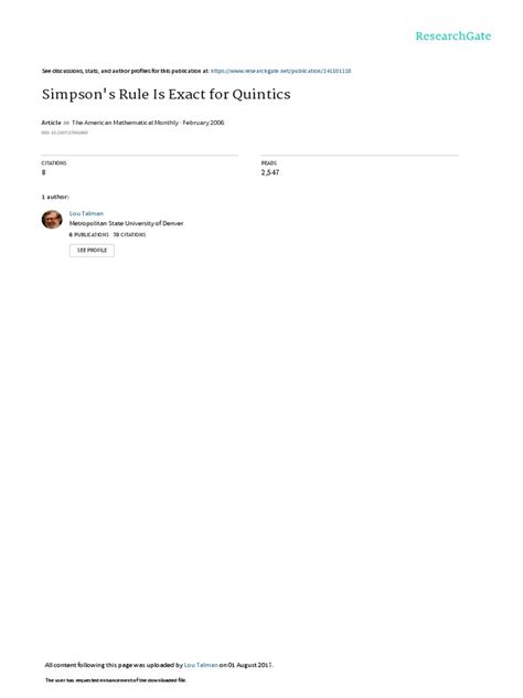 Simpsons Rule Is Exact For Quintics Pdf Integral Function