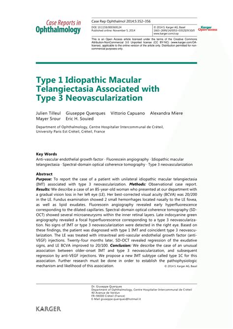 Pdf Type 1 Idiopathic Macular Telangiectasia Associated With Type 3 Neovascularization