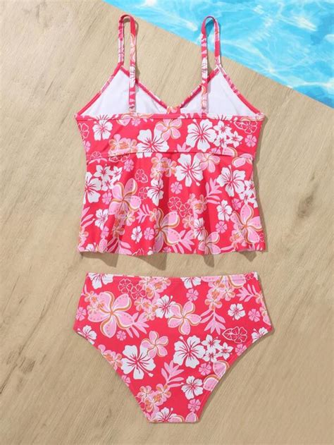 Tween Girl Floral Print Ruffle Hem Tankini Swimsuit Shein Usa