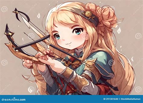 Anime Archer Girl Medieval Themed Bow And Arrow Warrior Woman Stock