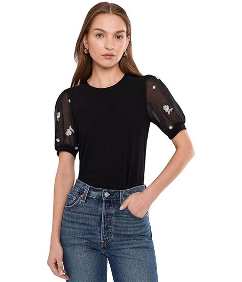 Womens Cece Puff Mixed Media Short Sleeve Knit Top 6pm