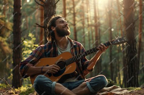 A Man Sitting Happily Playing Guitar In The Forest Alone Premium Ai Generated Image