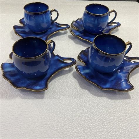 Vintage Japanese Demitasse Cup And Saucer Set X 4 Cobalt Blue Stunning