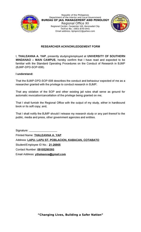 Researcher Acknowledgement Form For Bjmp Research Conduct Studocu