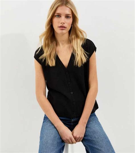 Black Soft Touch Button Up V Neck Top New Look